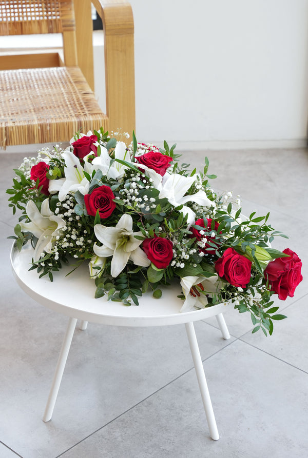Red Roses and White Lily Funeral Spray– Flowers.ie
