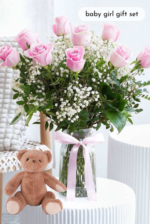 New Baby Girl 12 Long Stem Pink Roses - Vase– Flowers.ie