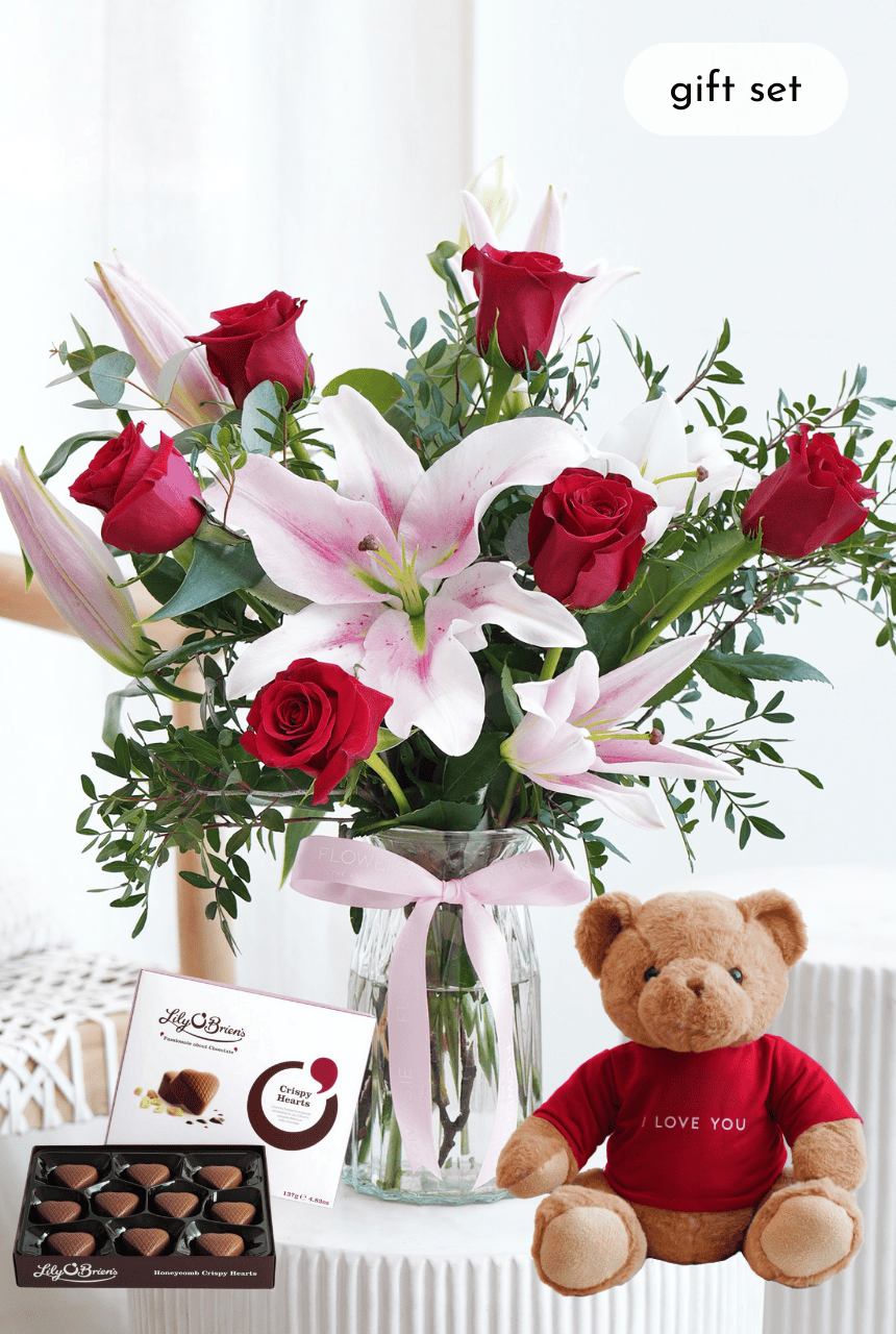 Valentine Romantic Red Roses and Pink Lily - Vase | Delivery in Ireland ...