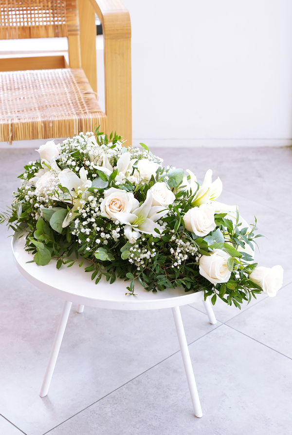 White Roses and White Lily Funeral Spray– Flowers.ie